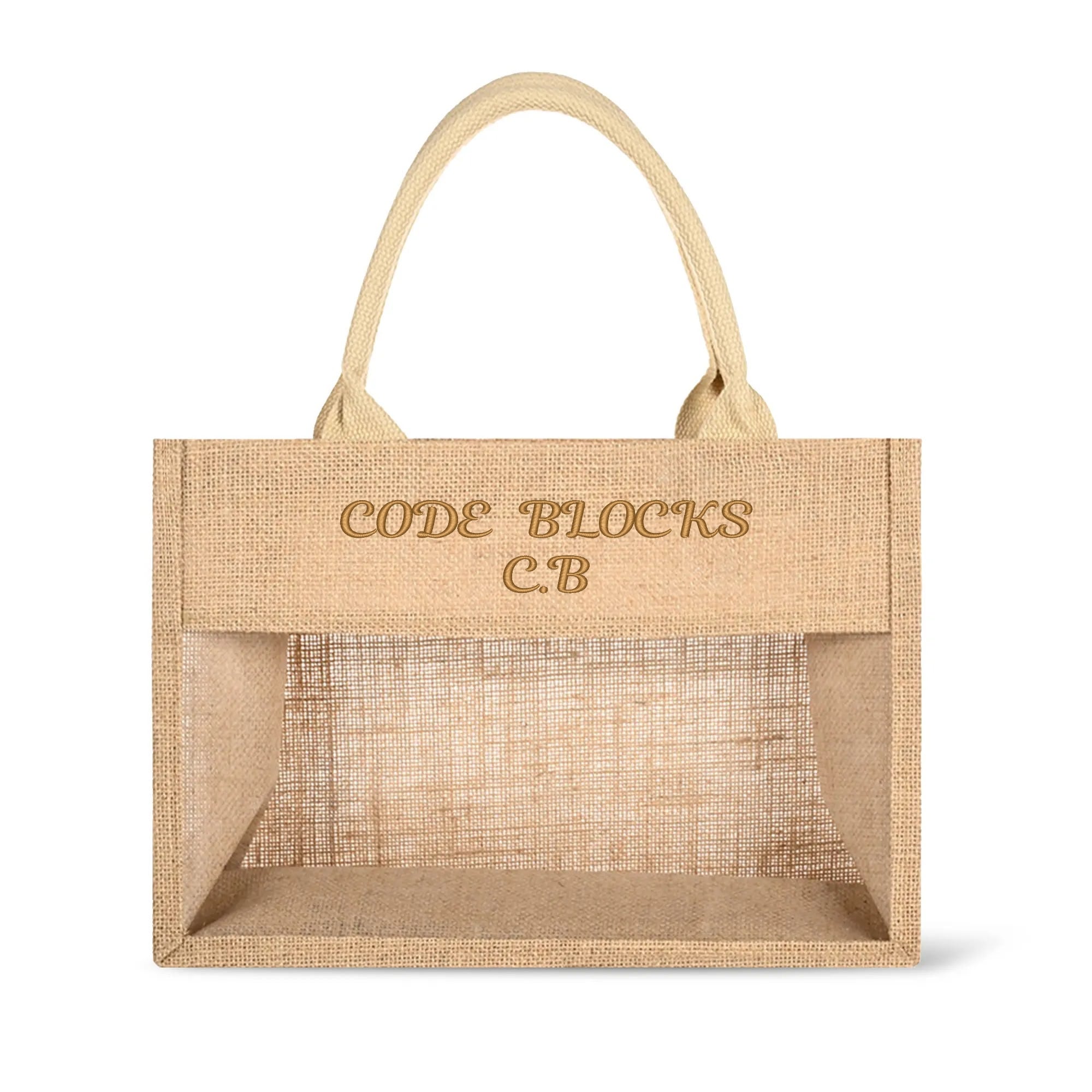 Embroidered Text Reusable Jute Burlap Tote Bag with Transparent PVC Fi – CODEBLOCKS-CLOTHING