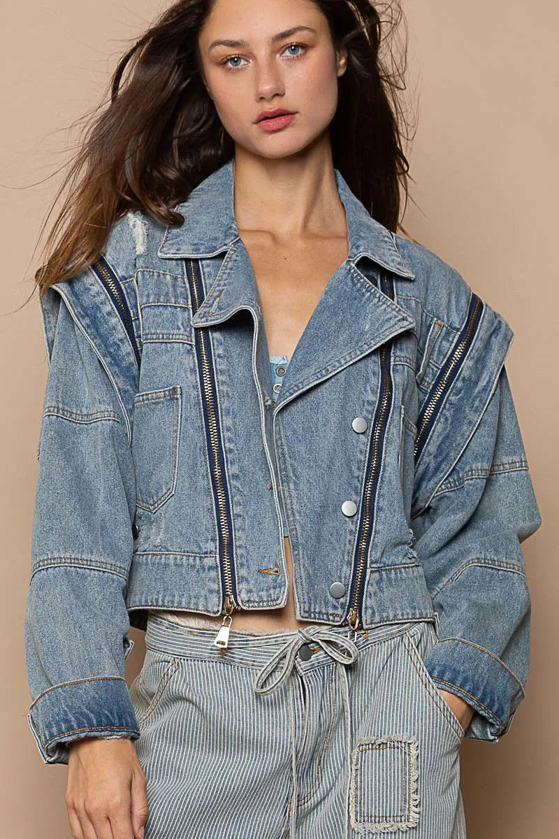 POL Cropped Denim Jacket with Functional Zipper Detail – CODEBLOCKS-CLOTHING